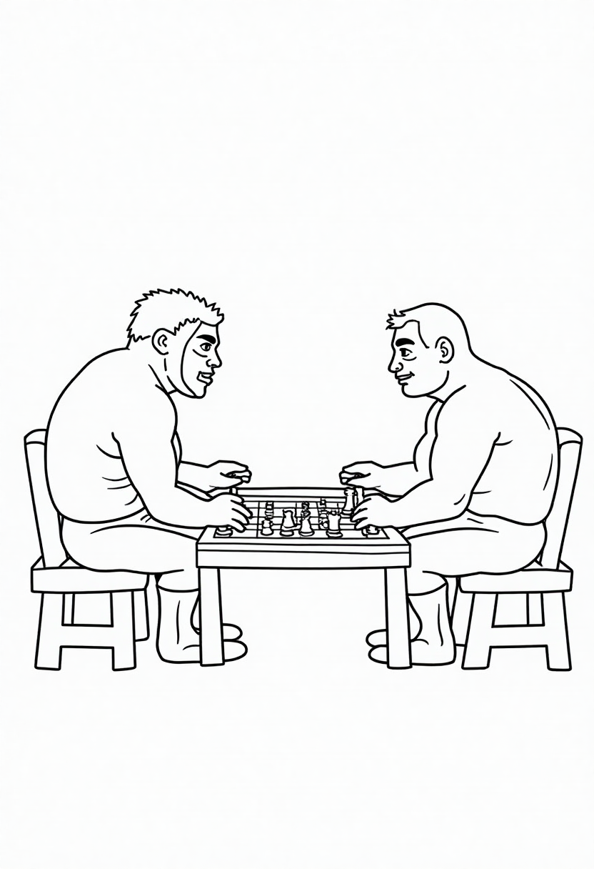 Tag Team Wrestlers Playing Chess - Free Wrestling Coloring Page