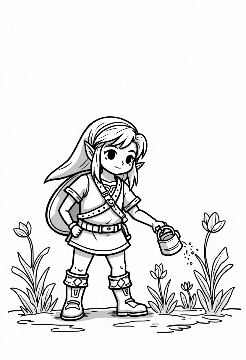 Link Watering Flowers in Kakariko Village - Free Zelda Coloring Page