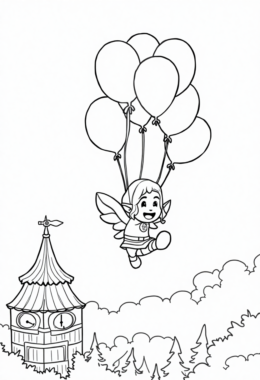 Tingle Floating with Balloons Over Clock Town - Free Zelda Coloring Page